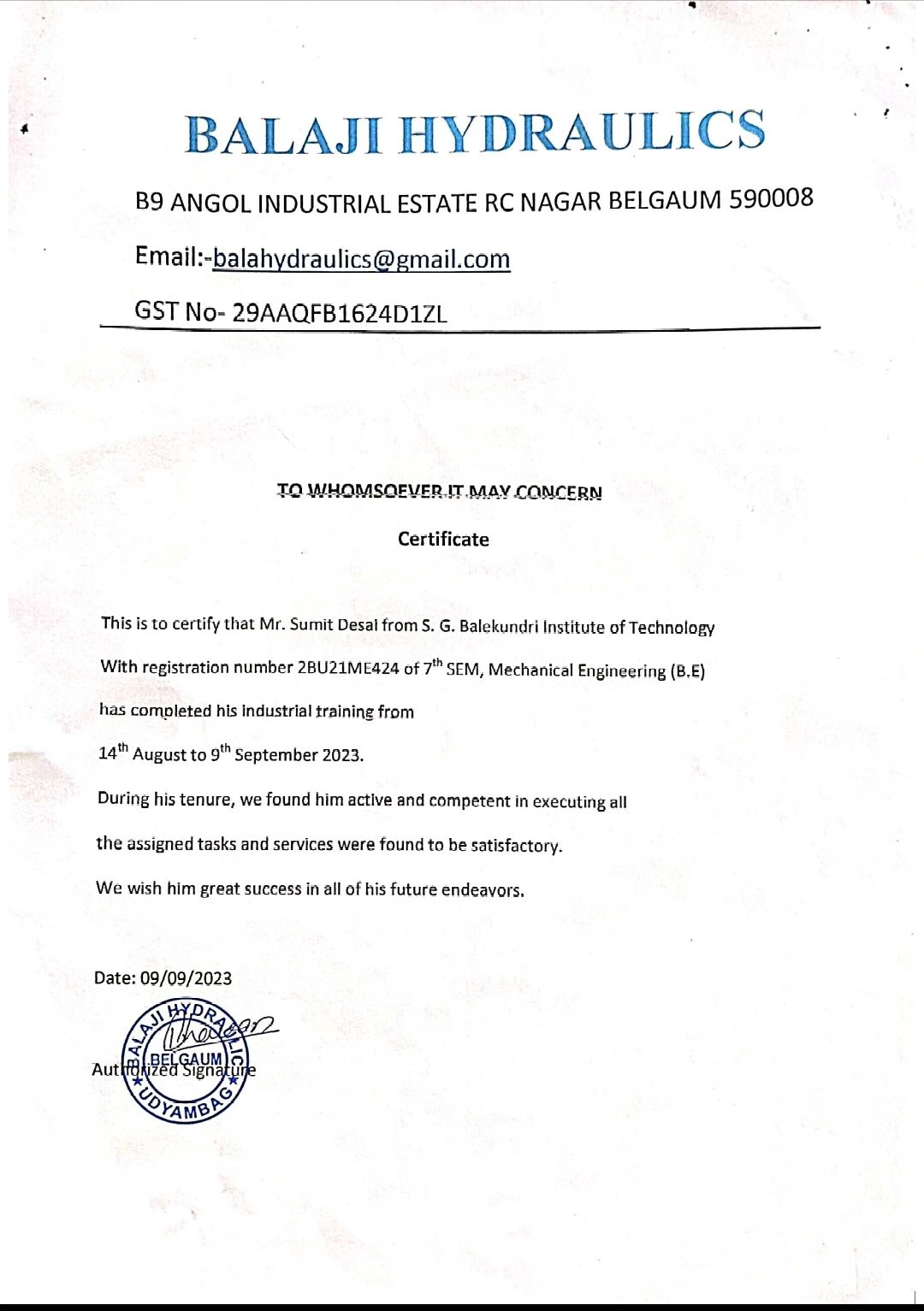 completed my 1 month internship in Balaji Hydraulics | Sumit Desai completed my 1 month internship in Balaji Hydraulics | Sumit Desai