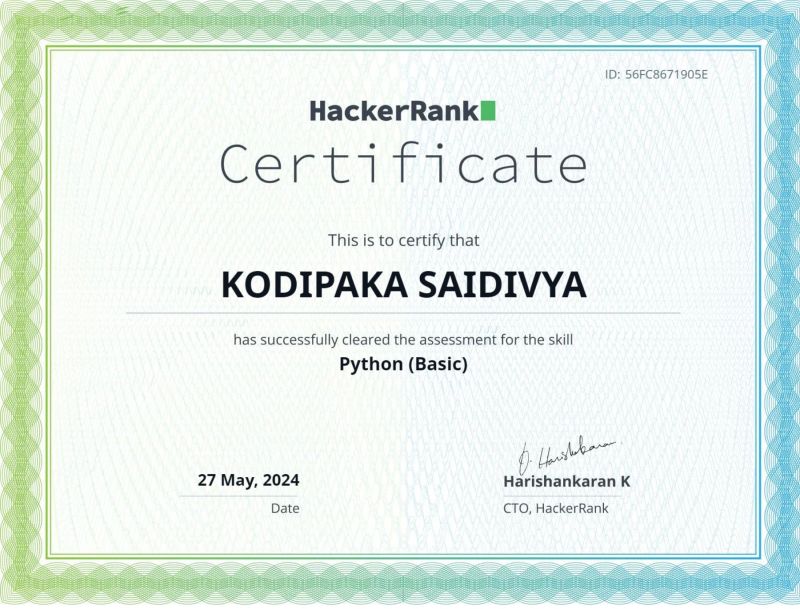 Earned Skill Assessment Certificate in Python | Saidivya Kodipaka ... Earned Skill Assessment Certificate in Python | Saidivya Kodipaka ...