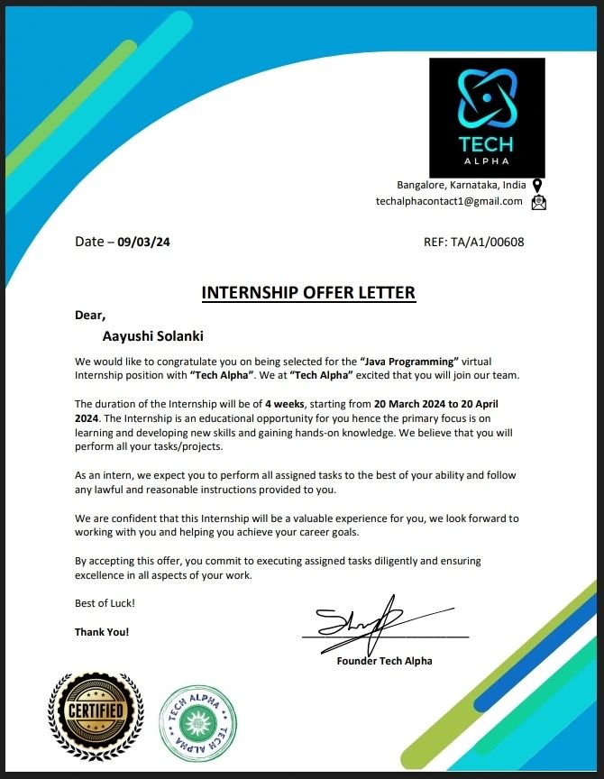Nominated for Java Programming internship with Tech Alpha | Aayushi ... Nominated for Java Programming internship with Tech Alpha | Aayushi ...