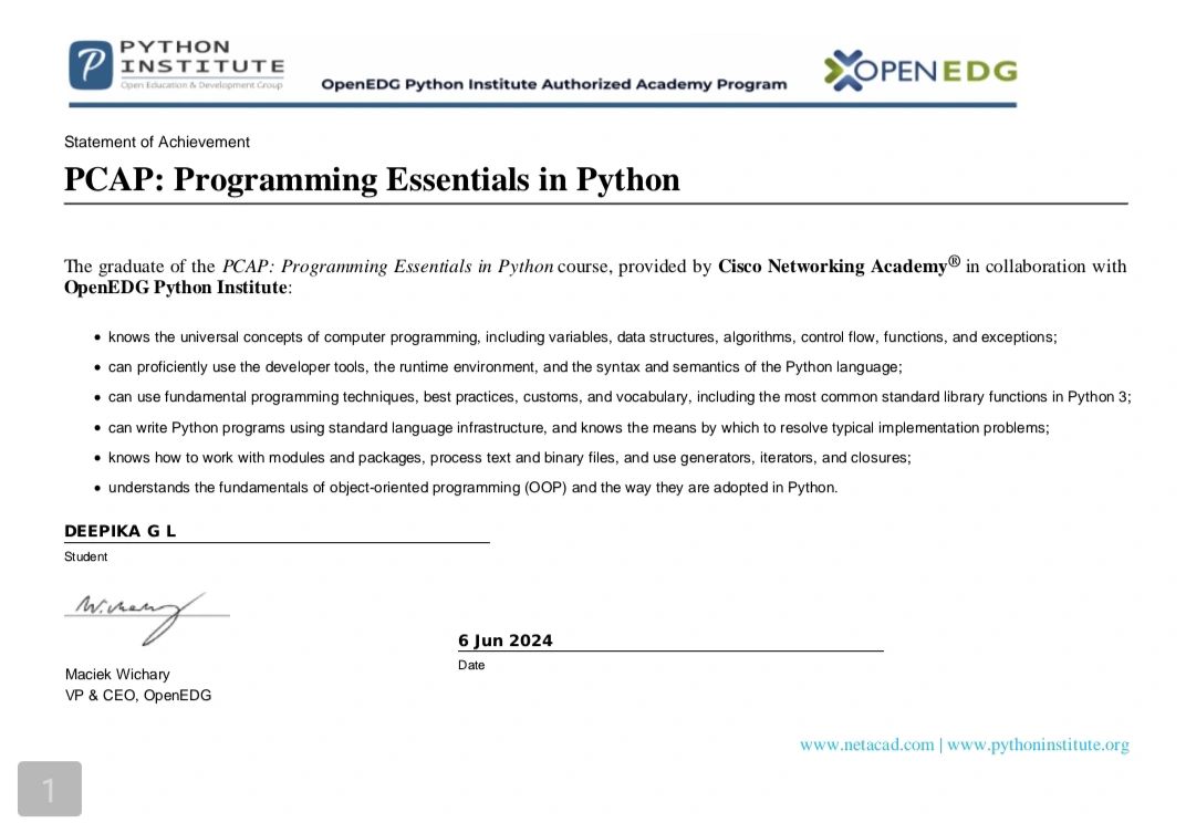 DEEPIKA GL on LinkedIn: #python #programming #certification #netacad # ... DEEPIKA GL on LinkedIn: #python #programming #certification #netacad # ...