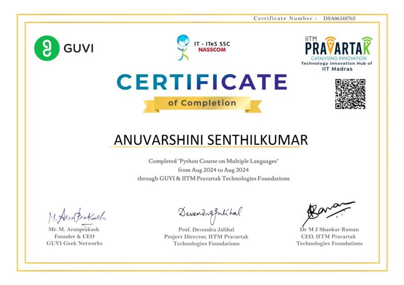 Anuvarshini Senthilkumar on LinkedIn: #pythoncertificate #python #guvi Anuvarshini Senthilkumar on LinkedIn: #pythoncertificate #python #guvi