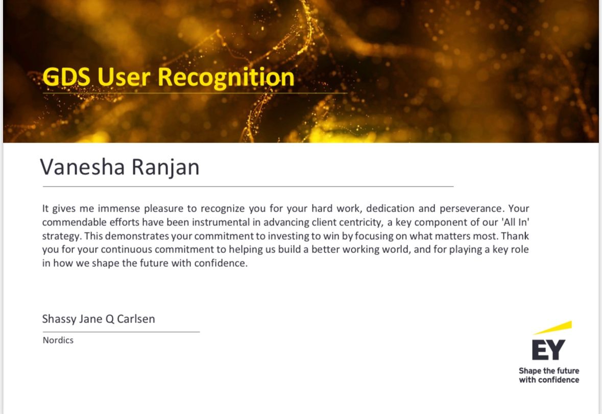 Grateful to receive another recognition at EY — my second in six months ... Grateful to receive another recognition at EY — my second in six months ...