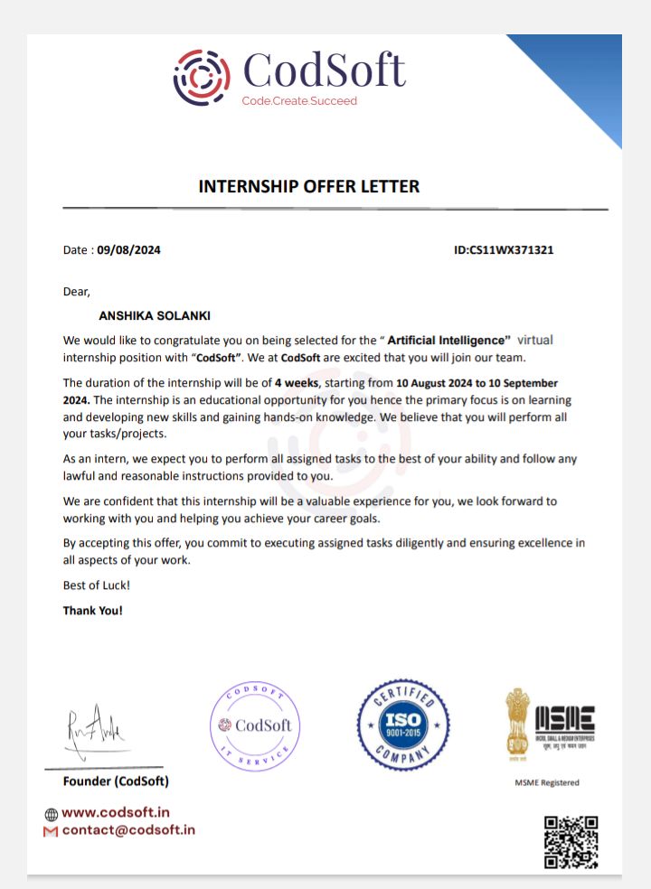 Anshika Solanki on LinkedIn: #codsoft #internship #codsoft Anshika Solanki on LinkedIn: #codsoft #internship #codsoft