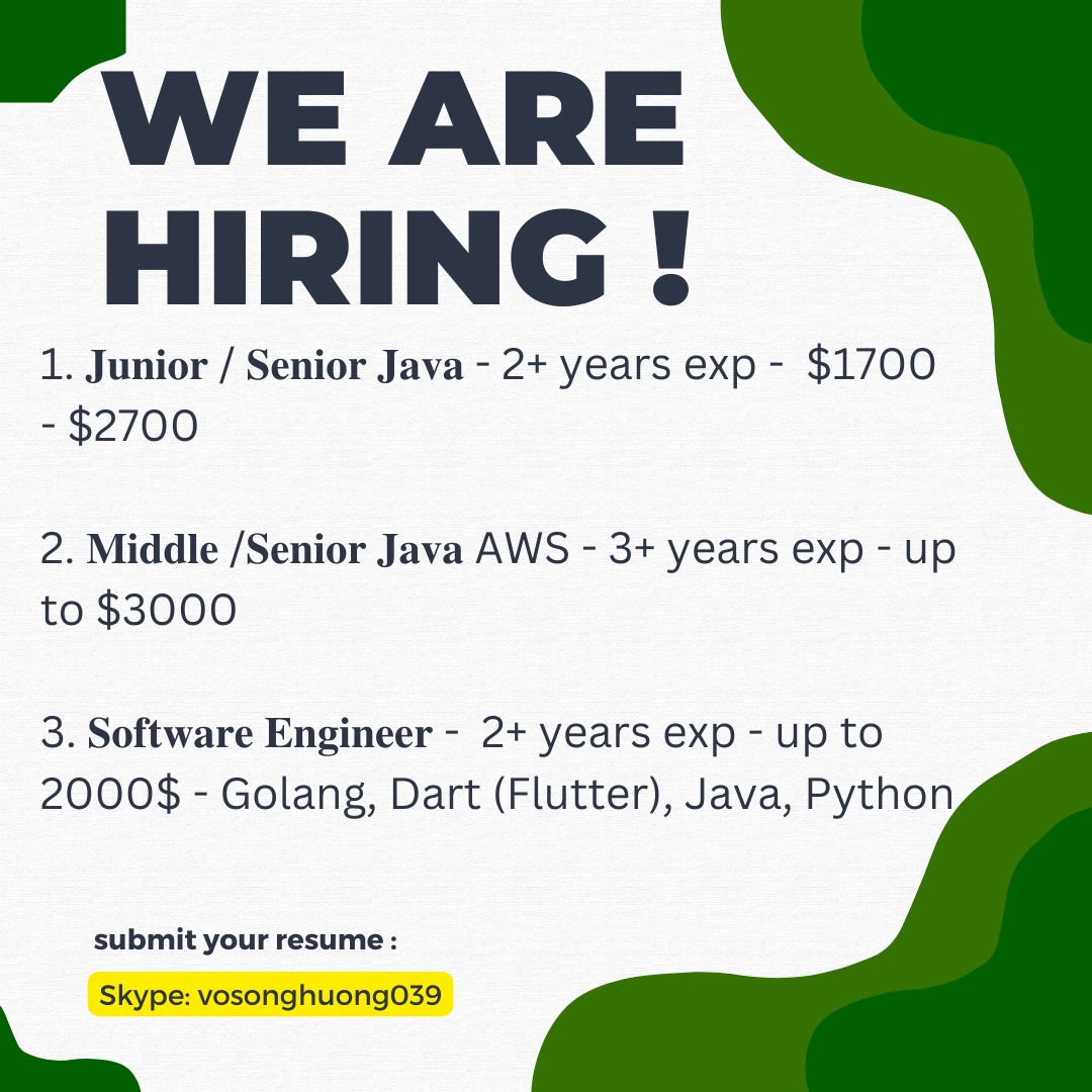 #hiring #java #aws #golang #python #aws #golang #dart #flutter | Huong Vo #hiring #java #aws #golang #python #aws #golang #dart #flutter | Huong Vo