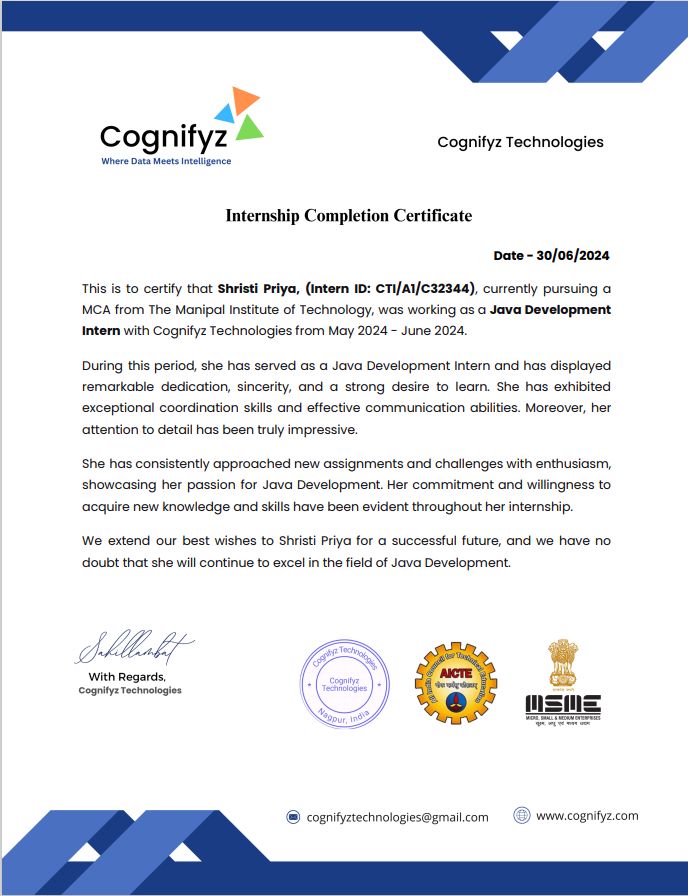 Shristi Priya on LinkedIn: #internship #javadevelopment # ... Shristi Priya on LinkedIn: #internship #javadevelopment # ...