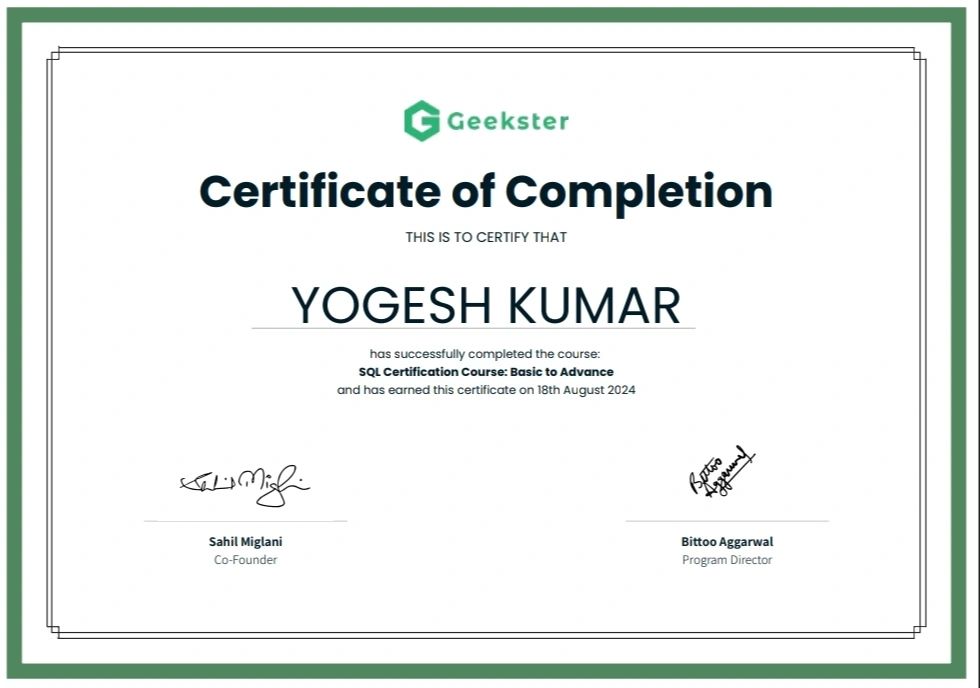 Geekster complete SQL course | YOGESH KUMAR Geekster complete SQL course | YOGESH KUMAR