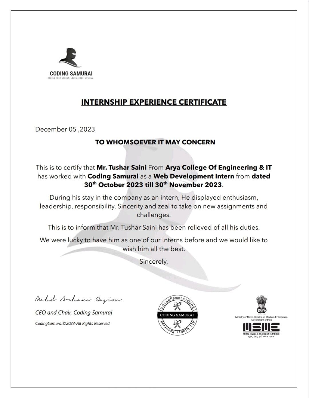 Tushar Saini on LinkedIn: #codingsamurai #internshipcomplete Tushar Saini on LinkedIn: #codingsamurai #internshipcomplete