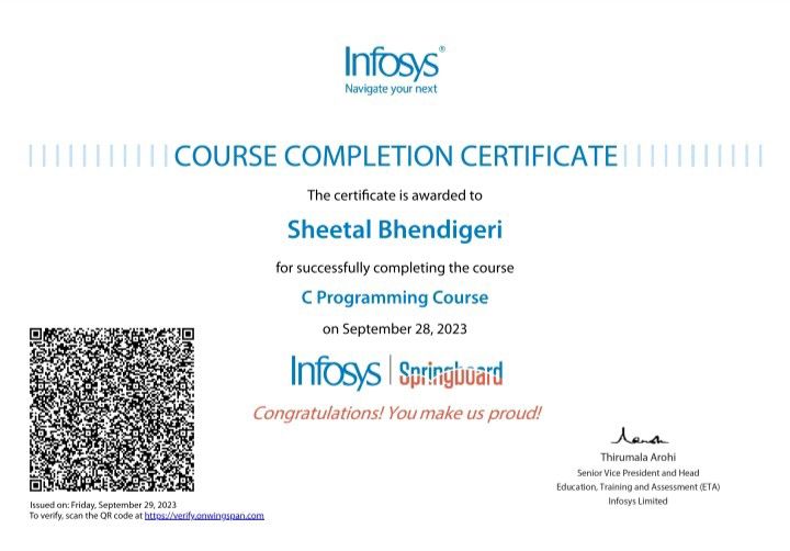 Sheetal Bhendigeri on LinkedIn: #cprogramming #certificateachievement # ... Sheetal Bhendigeri on LinkedIn: #cprogramming #certificateachievement # ...