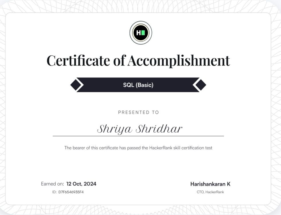 Shriya Shridhar on LinkedIn: #sql #certification #hackerrank # ... Shriya Shridhar on LinkedIn: #sql #certification #hackerrank # ...