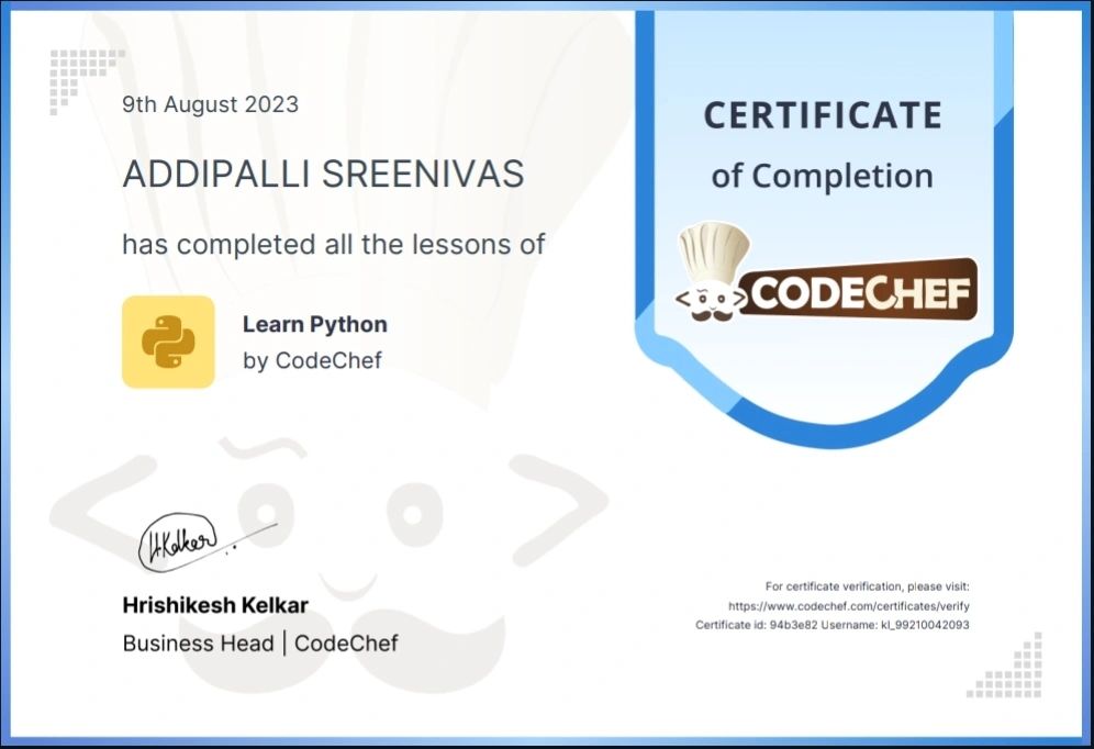Completed Python course on CodeChef! | Sreenivas Raju posted on the ... Completed Python course on CodeChef! | Sreenivas Raju posted on the ...