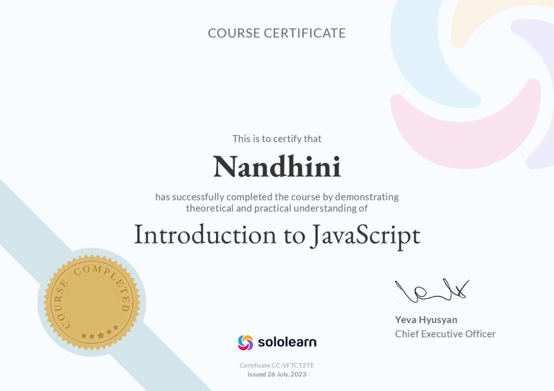 Completed my Javascript course | Nandhini P Completed my Javascript course | Nandhini P
