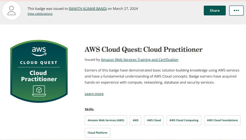 ranjith Kumar on LinkedIn: #aws #cloudquest #certificateunlocked | 10 ... ranjith Kumar on LinkedIn: #aws #cloudquest #certificateunlocked | 10 ...