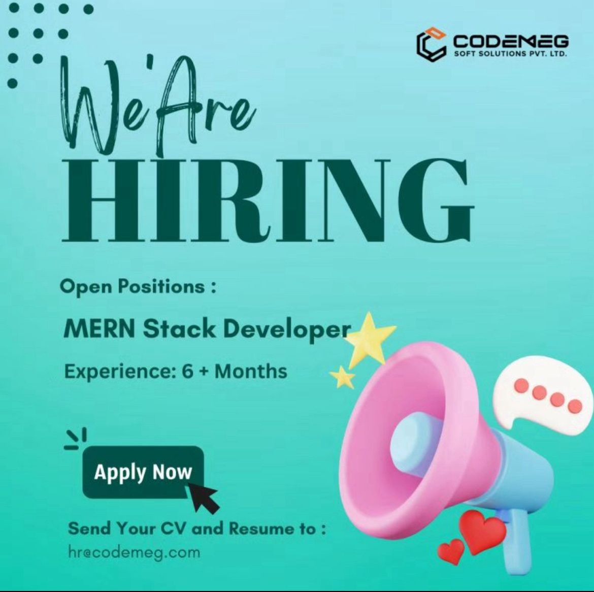 Hello connections, Codemeg Soft Solutions is hiring for MERN Stack ... Hello connections, Codemeg Soft Solutions is hiring for MERN Stack ...