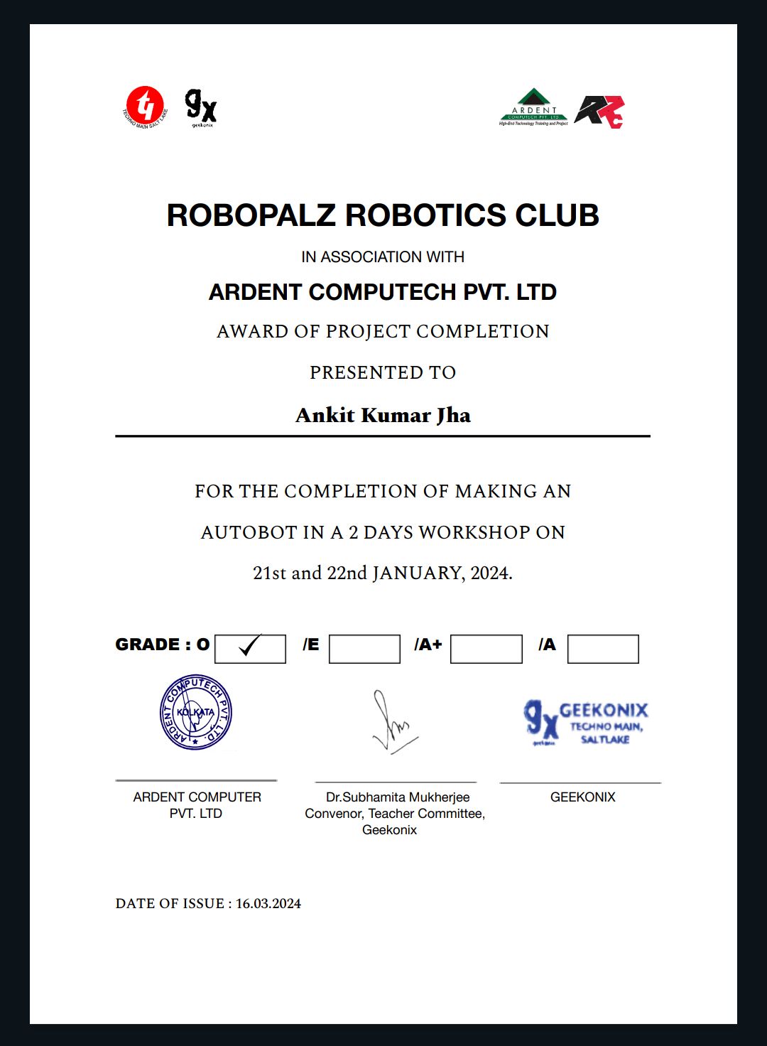 Received the Project Completion Certificate for RRC Autobots Workshop ... Received the Project Completion Certificate for RRC Autobots Workshop ...