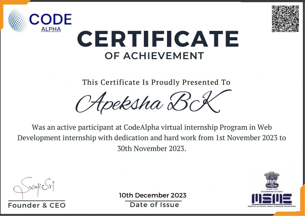 Apeksha B K on LinkedIn: #internshipcompleted #codealpha Apeksha B K on LinkedIn: #internshipcompleted #codealpha