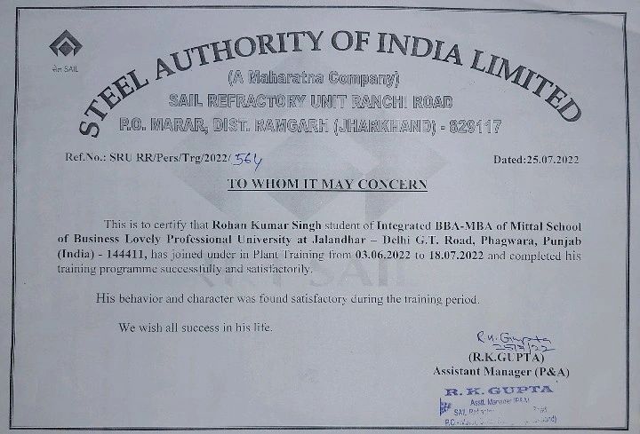 Rohan Kumar Singh on LinkedIn: completed internship in SAIL Rohan Kumar Singh on LinkedIn: completed internship in SAIL