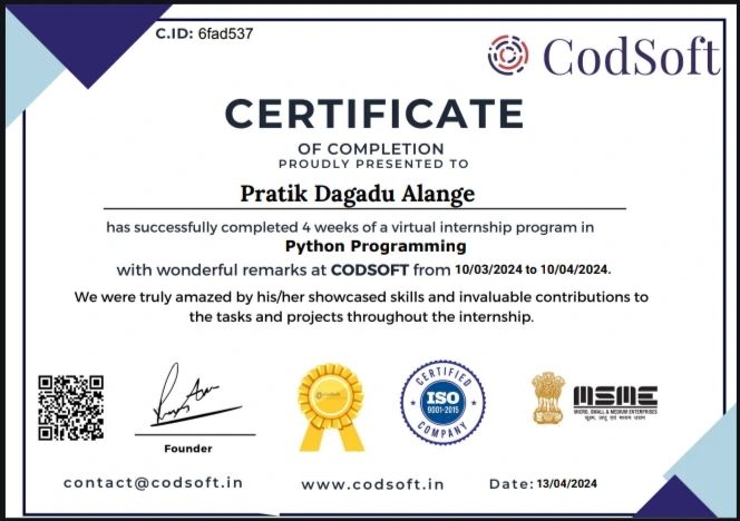 PRATIK ALANGE on LinkedIn: #internship #codsoft #python #pythondeveloper PRATIK ALANGE on LinkedIn: #internship #codsoft #python #pythondeveloper