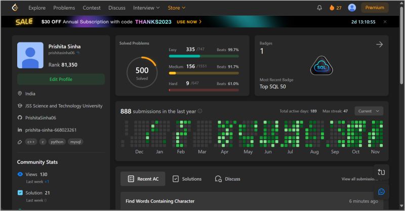Solved 500 DSA questions on LeetCode | Prishita Sinha posted on the ... Solved 500 DSA questions on LeetCode | Prishita Sinha posted on the ...