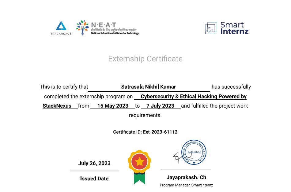 Finished my cyber security certification! | Nikhil Kumar Satrasala ... Finished my cyber security certification! | Nikhil Kumar Satrasala ...