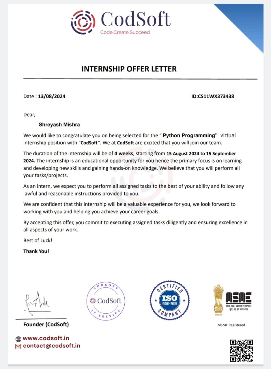 Shreyash Mishra on LinkedIn: #internship #python #software #codsoft # ... Shreyash Mishra on LinkedIn: #internship #python #software #codsoft # ...