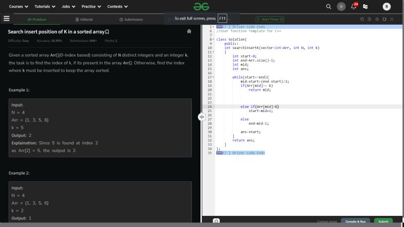 Search insert position of K in a Sorted array Using C++ | Biswajit Dash Search insert position of K in a Sorted array Using C++ | Biswajit Dash