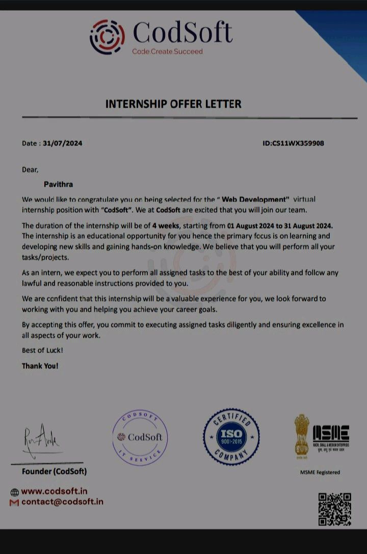 Pavithra c on LinkedIn: #webdevelopment #internship #codsoft # ... Pavithra c on LinkedIn: #webdevelopment #internship #codsoft # ...