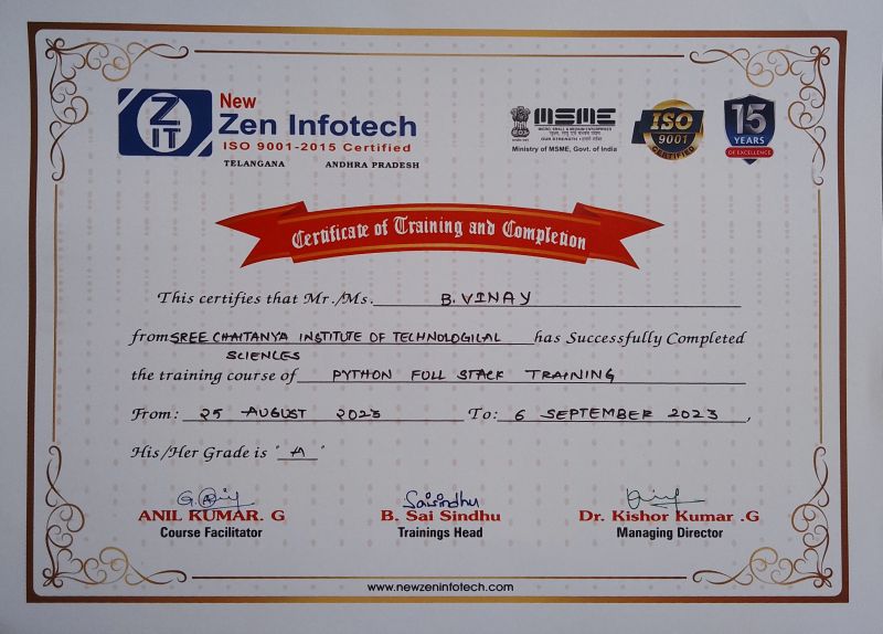 Completed Python Full Stack Training with ZenInfotech | BONGONI VINAY ... Completed Python Full Stack Training with ZenInfotech | BONGONI VINAY ...