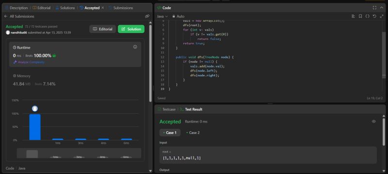 #100daysofleetcode #leetcode #binarytree #dfs #univaluedtree… | Nandhika A #100daysofleetcode #leetcode #binarytree #dfs #univaluedtree… | Nandhika A