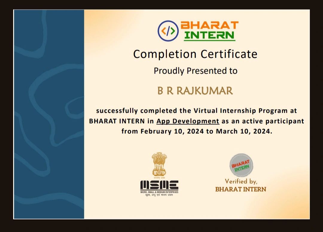 Raj Kumar B R on LinkedIn: #bharatintern #appdevlopment Raj Kumar B R on LinkedIn: #bharatintern #appdevlopment