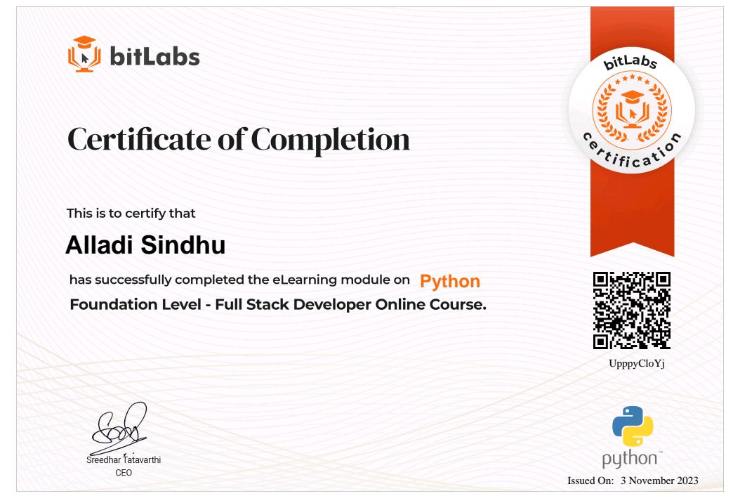 #pythoncertification #bitlabs #codingjourney | Alladi Sindhu #pythoncertification #bitlabs #codingjourney | Alladi Sindhu