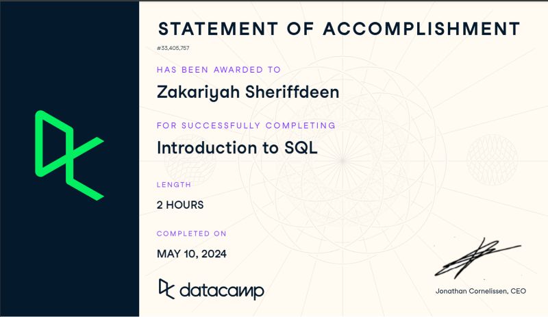Completed DataCamp course on Relational Databases | Sheriff Zakariyah ... Completed DataCamp course on Relational Databases | Sheriff Zakariyah ...