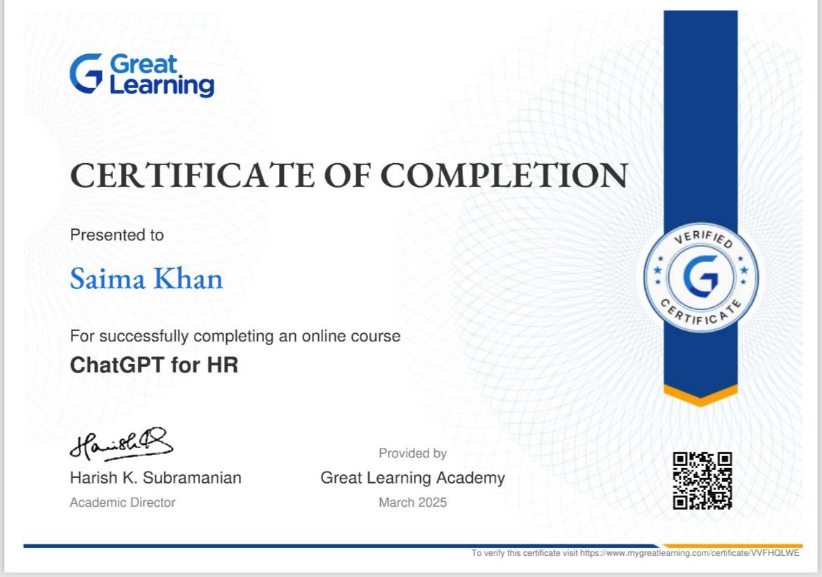 #hrtech #aiinhr #chatgpt #continuouslearning #greatlearning | Saima Khan #hrtech #aiinhr #chatgpt #continuouslearning #greatlearning | Saima Khan