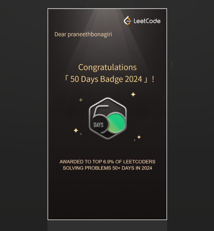 Praneeth Bonagiri on LinkedIn: #leetcode #leetcode50days #leetcodebadge Praneeth Bonagiri on LinkedIn: #leetcode #leetcode50days #leetcodebadge