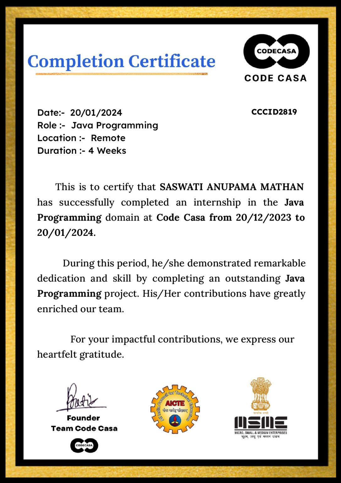 SASWATI ANUPAMA MATHAN on LinkedIn: #codecasa #internship #intern2024 # ... SASWATI ANUPAMA MATHAN on LinkedIn: #codecasa #internship #intern2024 # ...