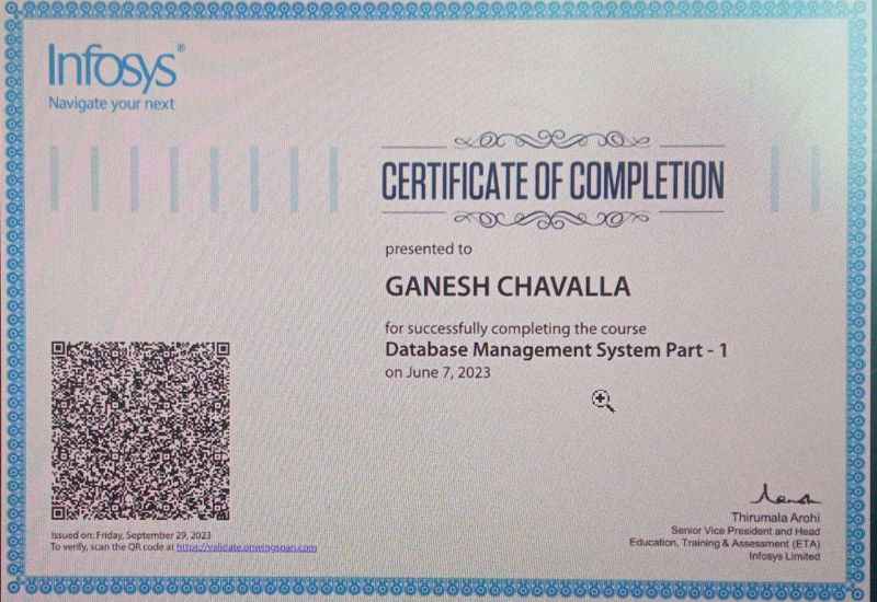Ganesh Chavalla on LinkedIn: #dbms #certification #milestoneachieved Ganesh Chavalla on LinkedIn: #dbms #certification #milestoneachieved