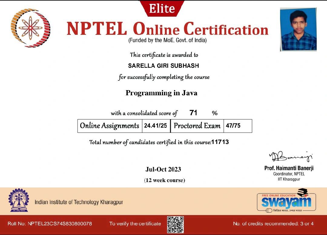 Giri subhash Sarella on LinkedIn: #nptel #javaprogramming #certification Giri subhash Sarella on LinkedIn: #nptel #javaprogramming #certification