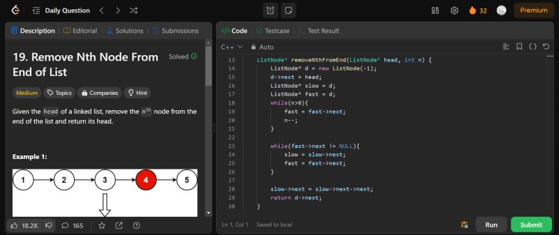 Day 3 of LeetCode Daily Challenge: Remove Nth Node | Gaur Sundar posted ... Day 3 of LeetCode Daily Challenge: Remove Nth Node | Gaur Sundar posted ...