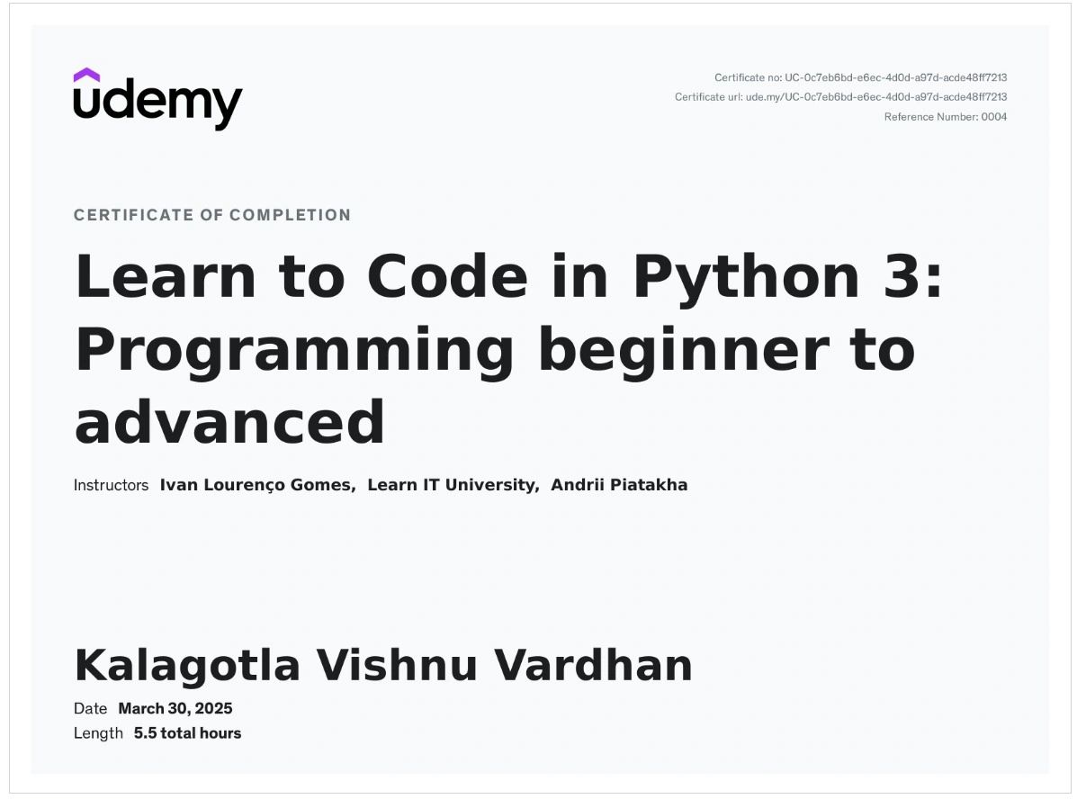 #python #coding #certification #python3 #programming | KALAGOTLA VISHNU ... #python #coding #certification #python3 #programming | KALAGOTLA VISHNU ...