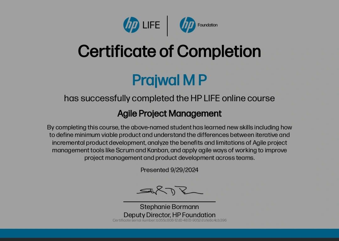 Prajwal M P on LinkedIn: completion of Agile project management Prajwal M P on LinkedIn: completion of Agile project management