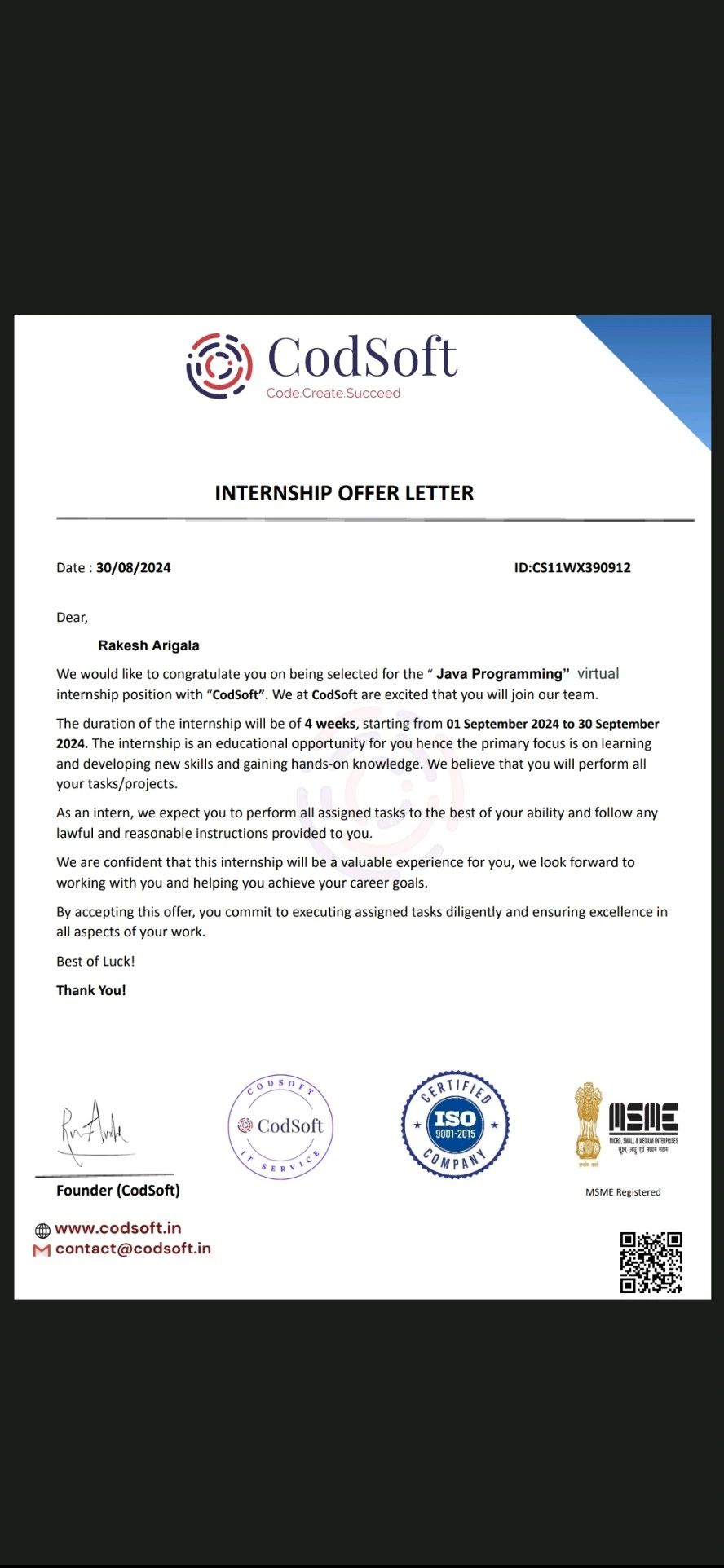 Rakesh Arigala on LinkedIn: #codsoft #java #fresher #opentowork Rakesh Arigala on LinkedIn: #codsoft #java #fresher #opentowork