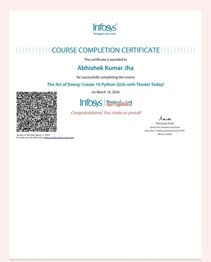 #python #tkinter #infosysspringboard #certification | Abhishek Kumar Jha #python #tkinter #infosysspringboard #certification | Abhishek Kumar Jha