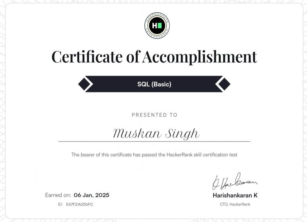 Muskan Singh on LinkedIn: #hackerrank #sql #certification # ... Muskan Singh on LinkedIn: #hackerrank #sql #certification # ...
