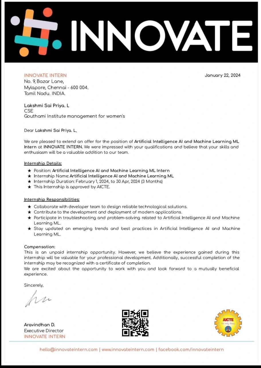 lakshmi Sai Priya on LinkedIn: Internship offer letter for the AI & ML ... lakshmi Sai Priya on LinkedIn: Internship offer letter for the AI & ML ...