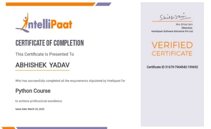 Completed Python programming with Intellipaat | Abhishek Yadav posted ... Completed Python programming with Intellipaat | Abhishek Yadav posted ...