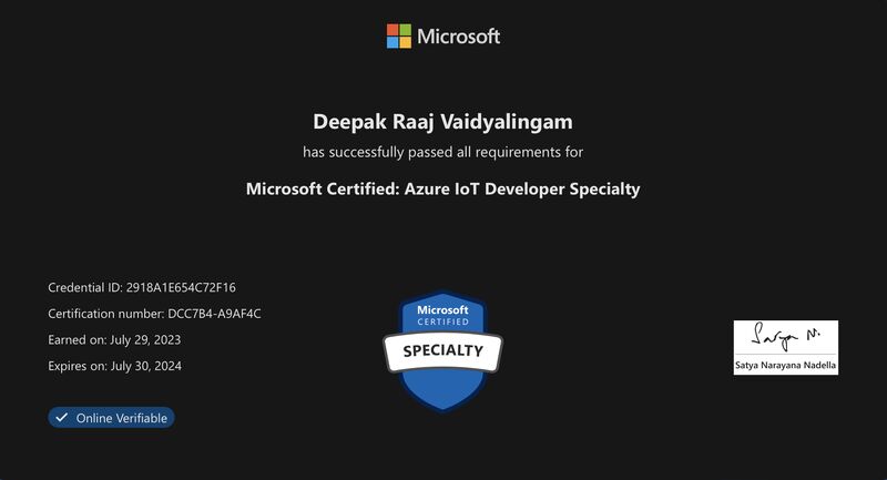 Deepak Raaj Vaidyalingam on LinkedIn: #microsoftcertified #iot Deepak Raaj Vaidyalingam on LinkedIn: #microsoftcertified #iot