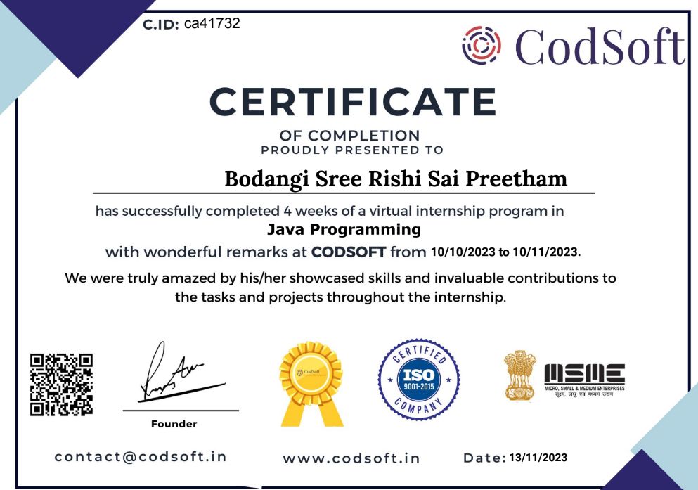 Rishi Sai Preetham B on LinkedIn: #codsoft #javaprogramming # ... Rishi Sai Preetham B on LinkedIn: #codsoft #javaprogramming # ...
