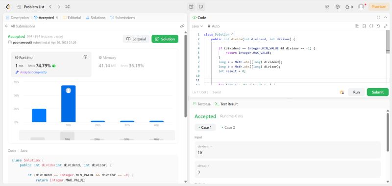 #100daysofcode #100daysofcode #leetcode #java #divideintegers… | Poonam ... #100daysofcode #100daysofcode #leetcode #java #divideintegers… | Poonam ...
