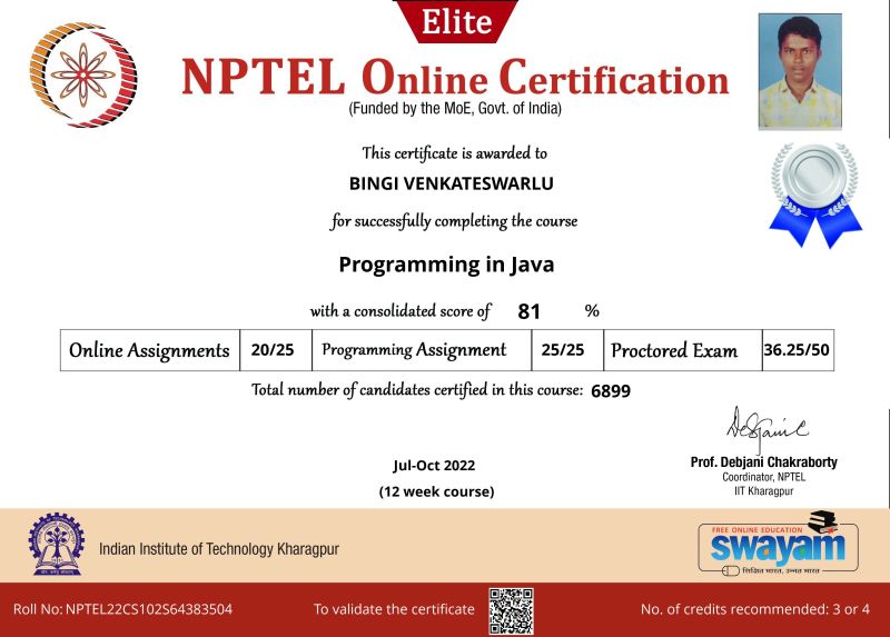 Bingi Venkateswarlu on LinkedIn: i got an nptel certificate on java ... Bingi Venkateswarlu on LinkedIn: i got an nptel certificate on java ...