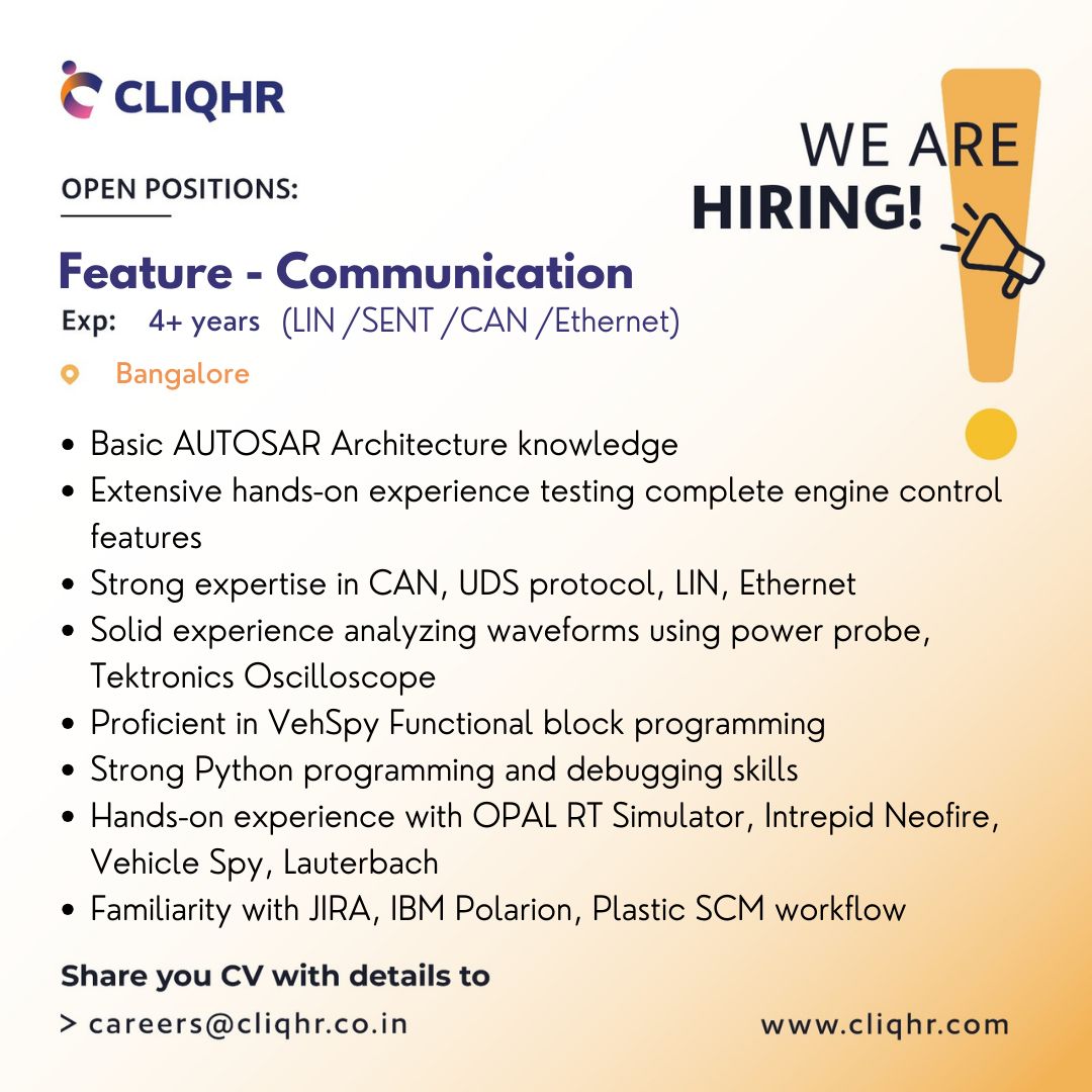 #hiring Feature - Communication: LIN / SENT / CAN / Ethernet | CLIQHR ... #hiring Feature - Communication: LIN / SENT / CAN / Ethernet | CLIQHR ...