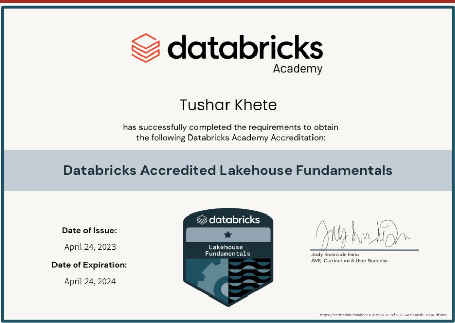Tushar Khete on LinkedIn: #databricks #lakehouse #certification # ... Tushar Khete on LinkedIn: #databricks #lakehouse #certification # ...
